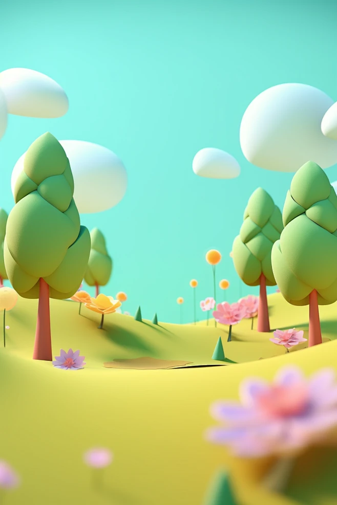 3d cartoon landscape with trees and flowers, in the style of nature ...