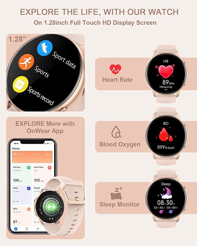 Amazon.com: Round Smart Watches for Women, 2022 HD LCD Smartwatch ...