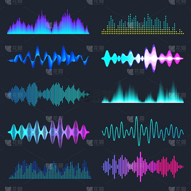 彩色声波收集。模拟和数字音频信号。音乐均衡器。干扰录音。高频无线电波。矢量图素材-花瓣网