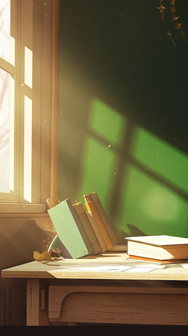 an upright desktop with books, in the style of impressionist: dappled ...