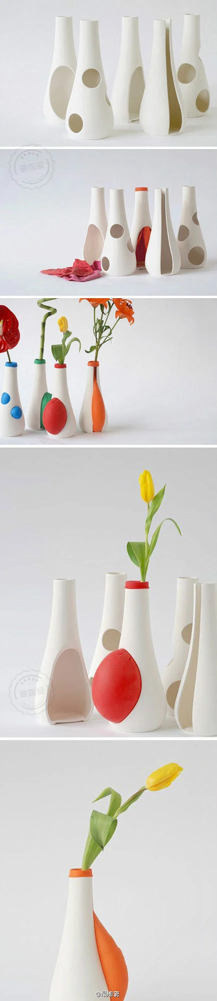 最陶瓷：“怀孕”的花瓶 Swell Vases——可以膨胀的花瓶，来自德国设计师Anika Engelbrecht设计的创意花瓶，放置在陶瓷瓶内不同颜色的装满水的气球，穿孔而出，可以创造出各种 ...