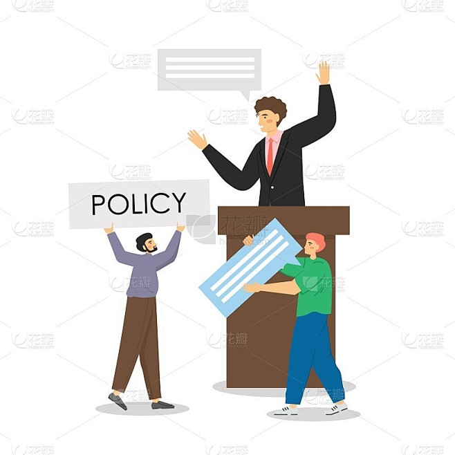 政策演讲，矢量平面风格设计说明