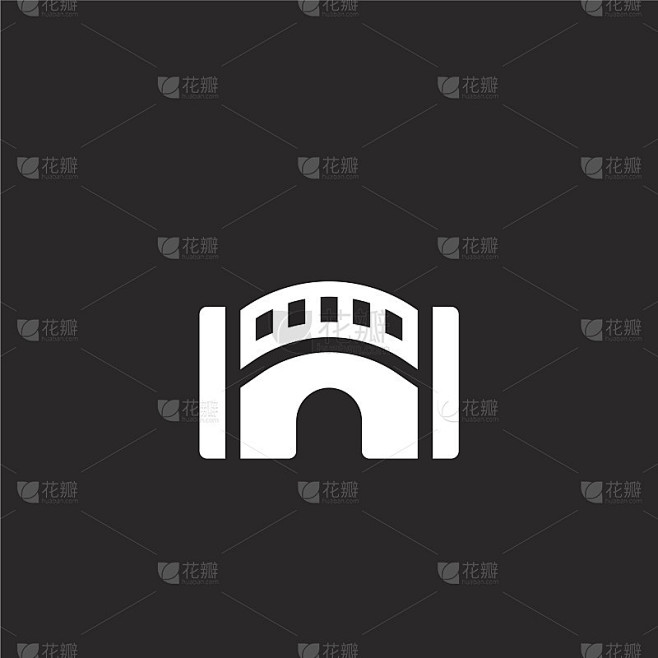 桥图标。填充桥图标用于网站设计和移动，应用程序开发。桥图标从填充建筑集合孤立在黑色背景。