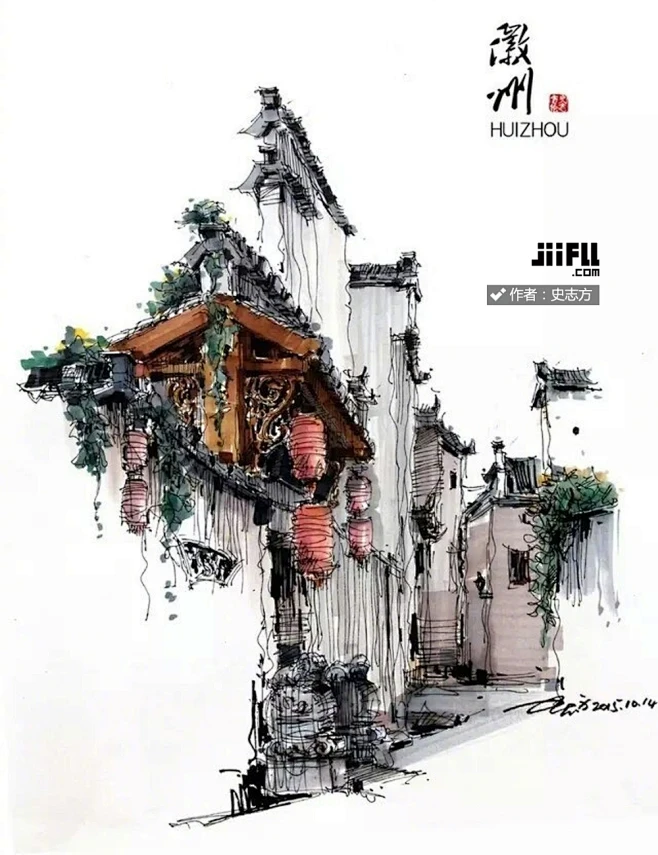 jiifll-场景-古城-写生-农村-旅游-景区-涂鸦-水彩-古建筑群落-徽州-凤凰古城-4A-手账 (6)-花瓣网