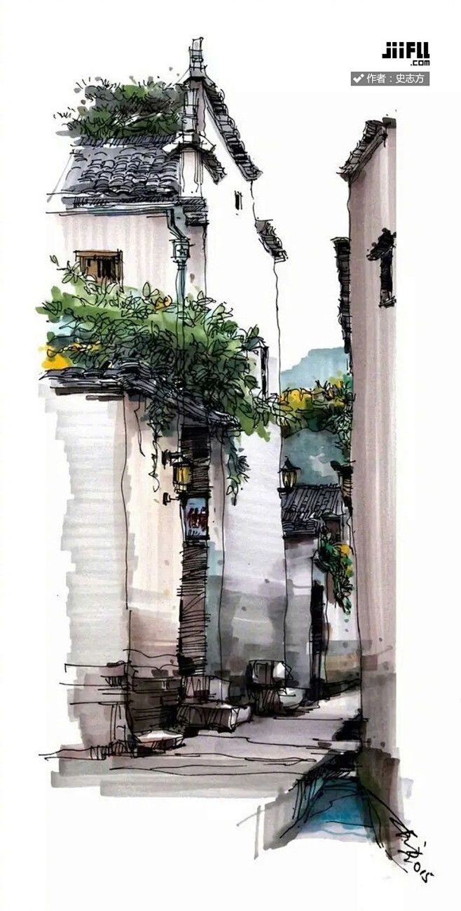 jiifll-场景-古城-写生-农村-旅游-景区-涂鸦-水彩-古建筑群落-徽州-凤凰古城-4A-手账 (9)