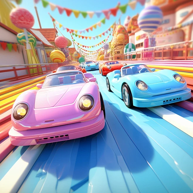 Three cars racing on the track, cartoon 3D, Bubble Mart style, Kawaii ...