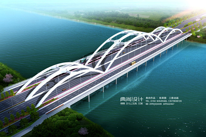 3a南水大桥鸟瞰 桥梁效果图设计