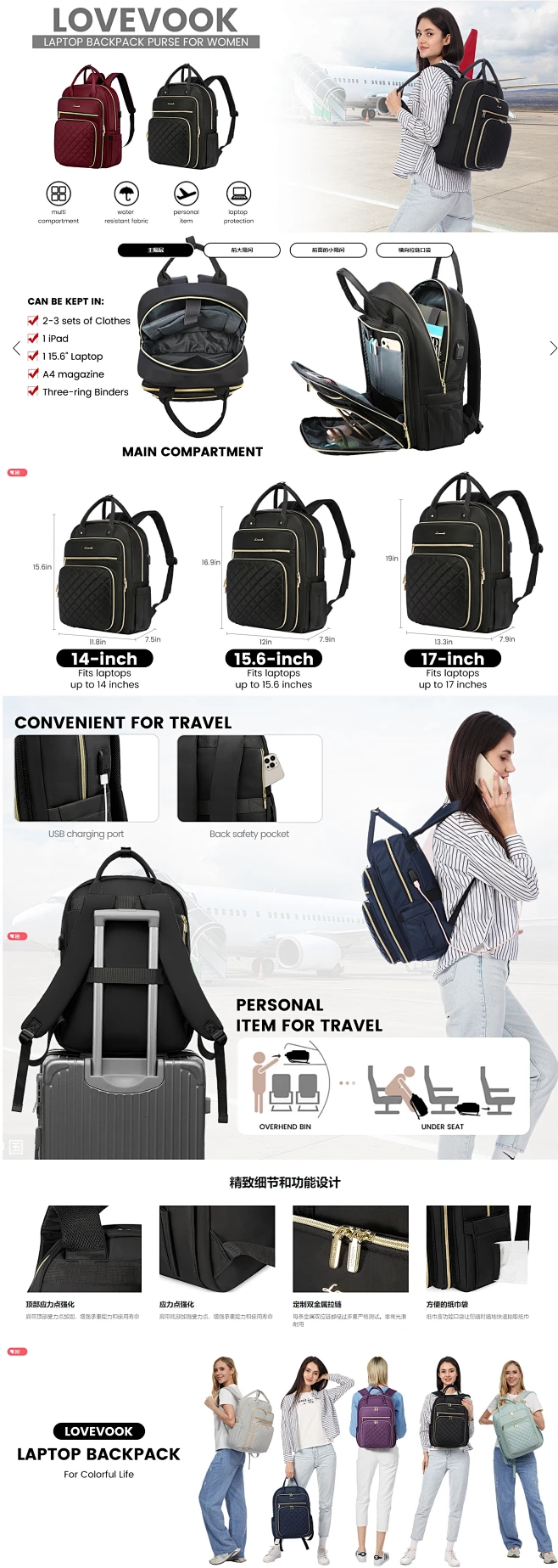 Amazon.com: LOVEVOOK Laptop Backpack for Women, Water Resistant Travel ...