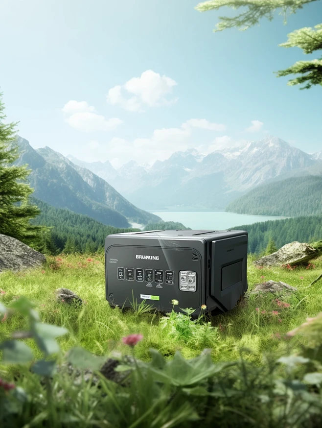 A black portable generator is laying in the grass, in the style of ...
