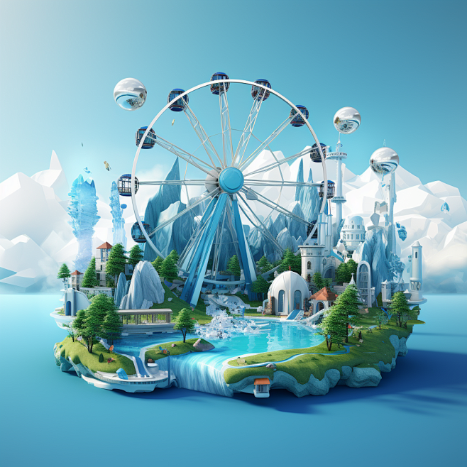 AI生成 C4D 岛 未来主义