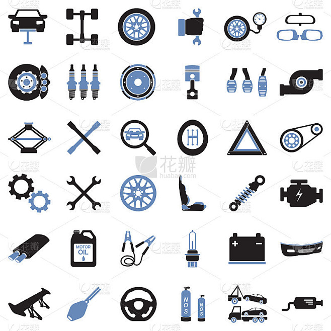 汽车零部件图标。双色调平面设计。矢量插图。