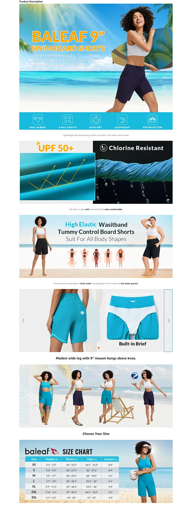 BALEAF Women's 9_ Long Swim Board Shorts with Zipp-花瓣网