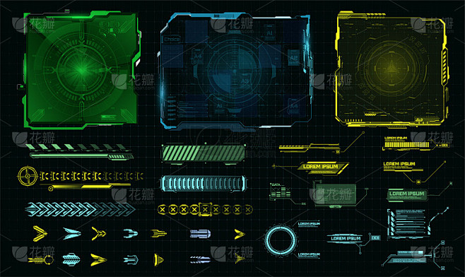 未来hud风格的框架GUI, UI, UX和网页设计。调用窗口的标注、箭头、标签、信息面板、框架屏幕