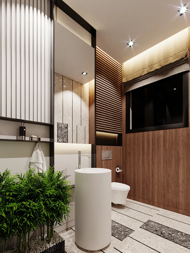 contemporary living reception Guest Toilet wood Marble fire place gold ...