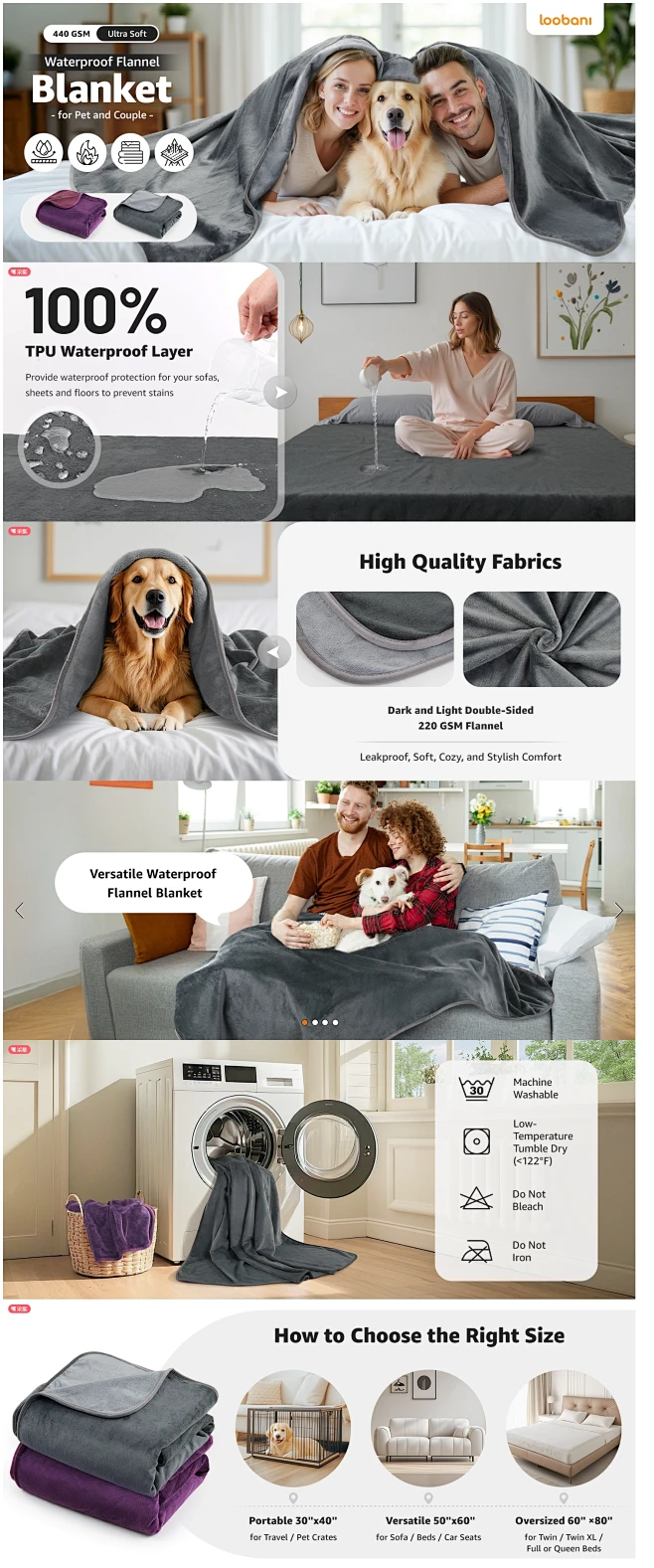 Amazon.com: LOOBANI Waterproof Blanket for Bed: Stain-Proof Love Blanket for Bed Intimacy ...