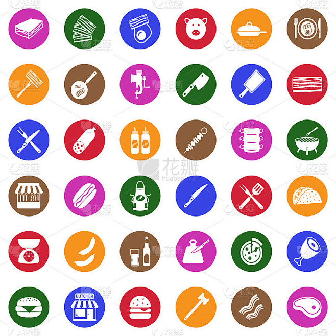 Bacon Icons. White Flat Design In Circle. Vector I
