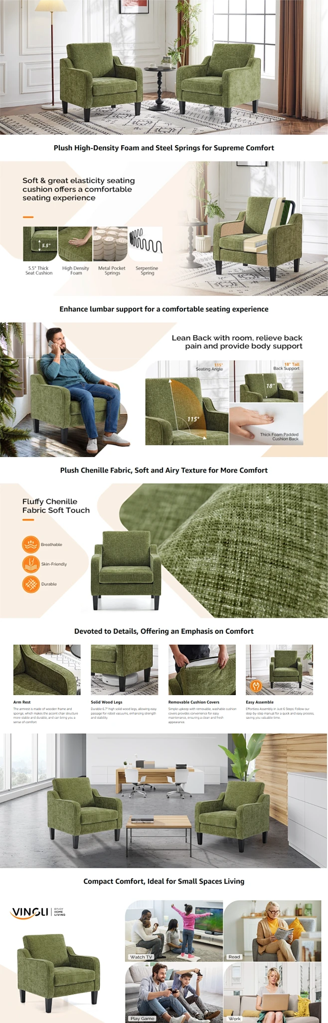 Amazon.com: VINGLI Accent Chair for Living Room Chairs Olive Green ...