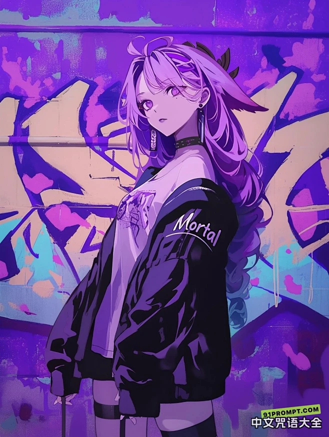 Genshin Impact角色Yae Miko。她穿着黑白相间的衣服，背景是紫色的涂鸦艺术。衬衫上的“Mortal”。她有着精致的面部特征 ...