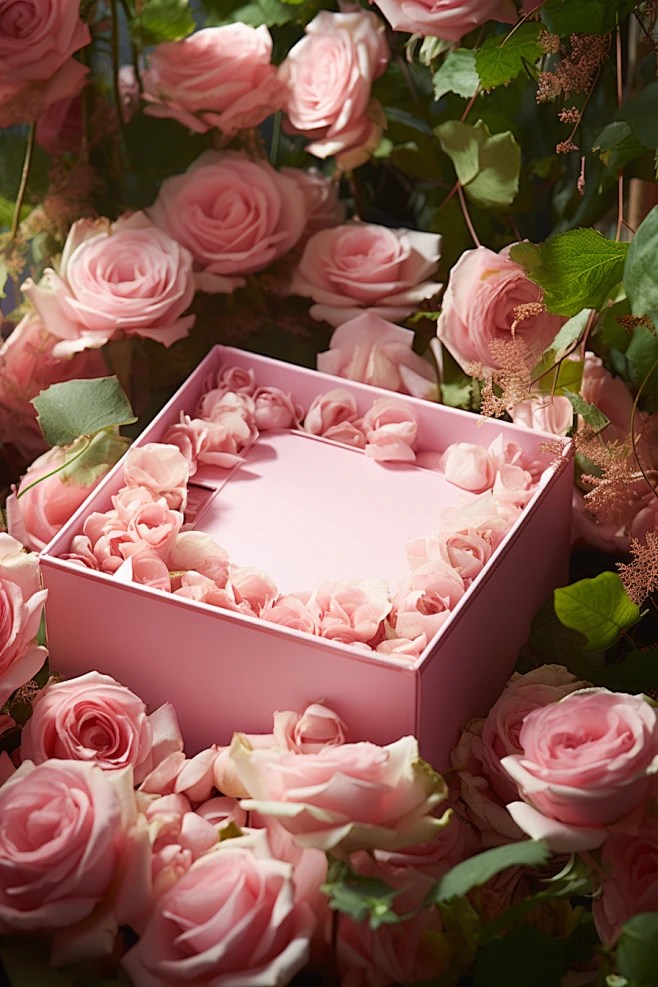 a pink box surrounded by fresh roses and green leaves, in the style of ...