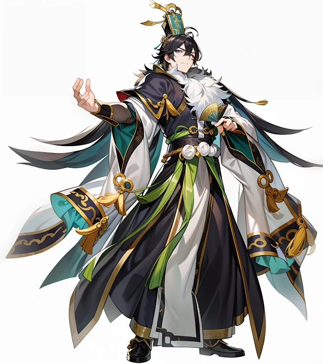 Zhuge Liang，穿上古代服飾，拿扇子，灰色短髮，他的目光锐利而深邃，他的脸庞异常的英俊