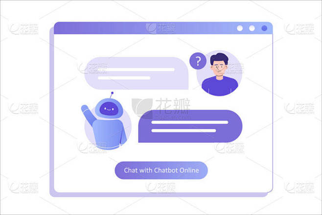 Chatbot ai和客户服务的概念。年轻人在一个大的用户界面上与聊天机器人交谈。聊天机器人虚拟助手