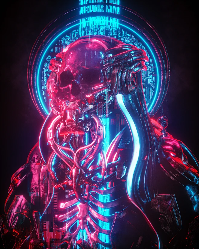 billelis 3D ILLUSTRATION neon Cyberpunk demon skull gothic octane cinema 4d-花瓣网