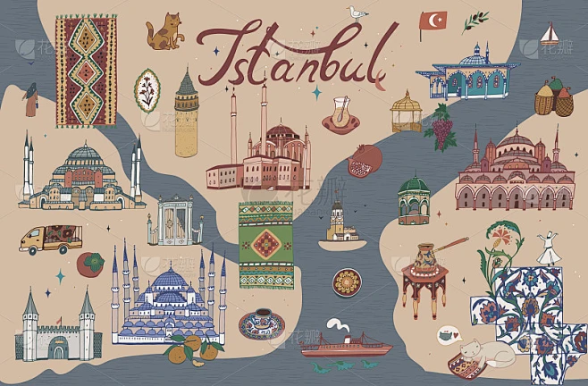 土耳其伊斯坦布尔矢量手绘插图集素材-花瓣网