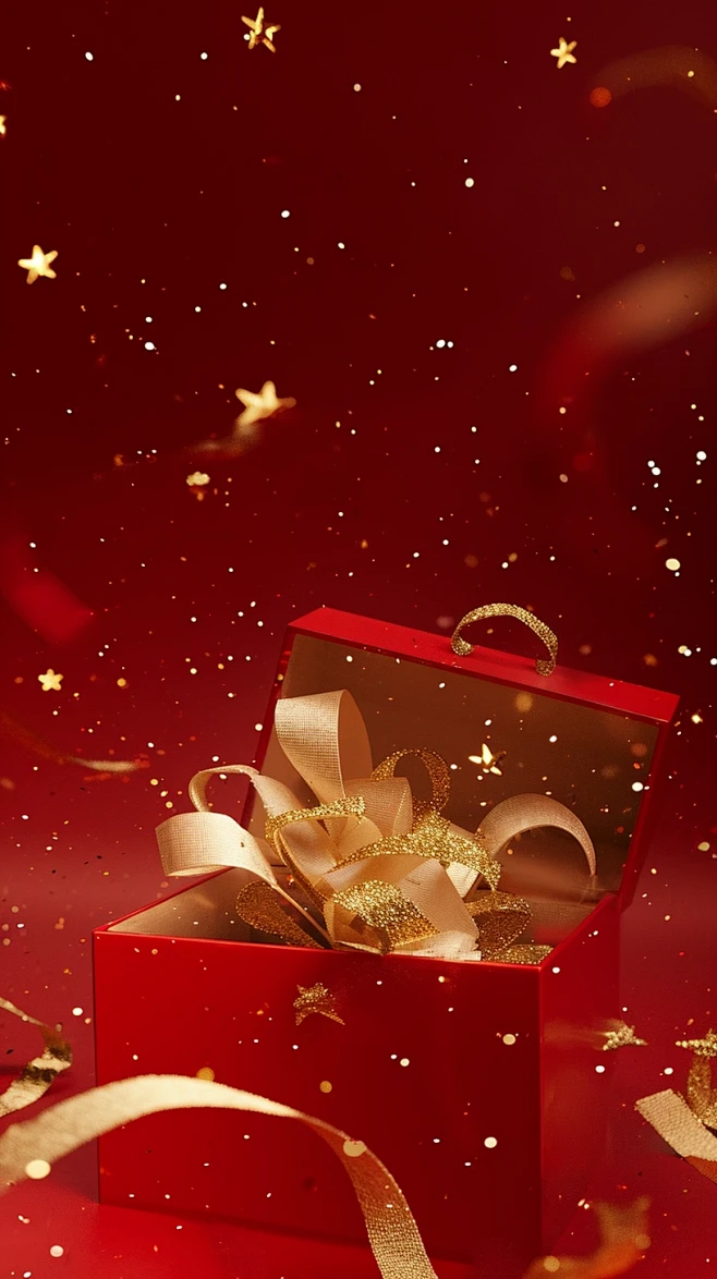 Open christmas gift box with golden ribbon and stars, in the style of ...