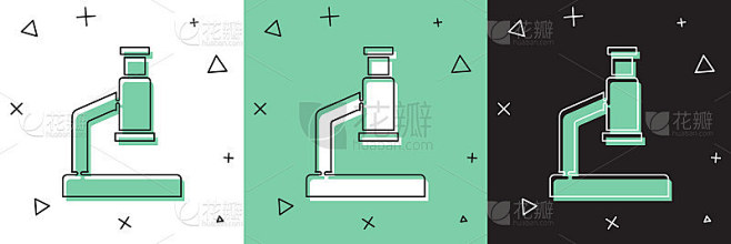 设置显微镜图标孤立在白色和绿色，黑色背景。化学、制药仪器、微生物放大工具。向量