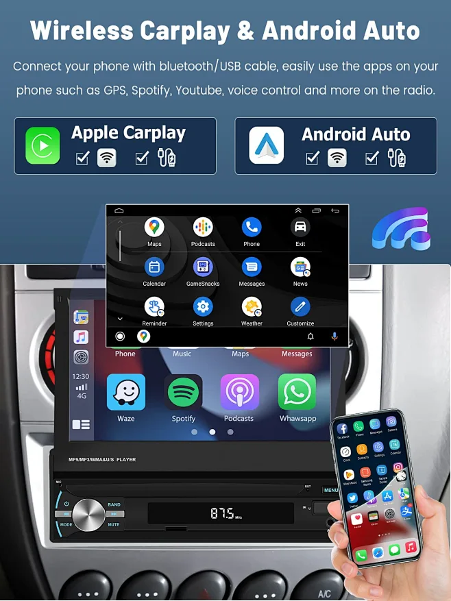 Amazon.com: Wireless Carplay Single Din Touchscreen Car Stereo with Wireless Android Auto, 7 ...