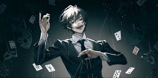 This may contain: a man in a suit and tie holding up playing cards with ...