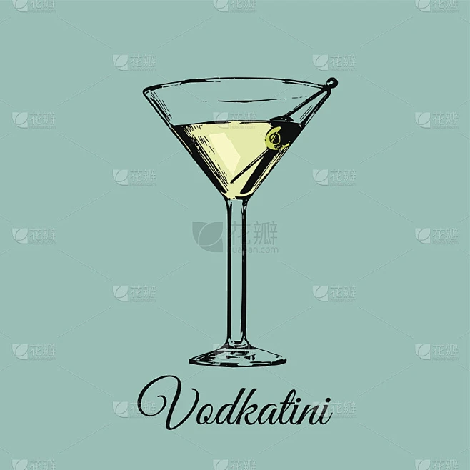 Vodkatini玻璃的迹象。矢量酒精饮料颜色说明。手绘的传统鸡尾酒与橄榄。素材-花瓣网