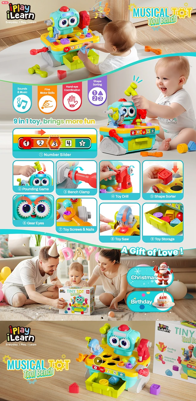 Amazon.com: iPlay, iLearn Toddler Musical Workbench Toys for One Year ...