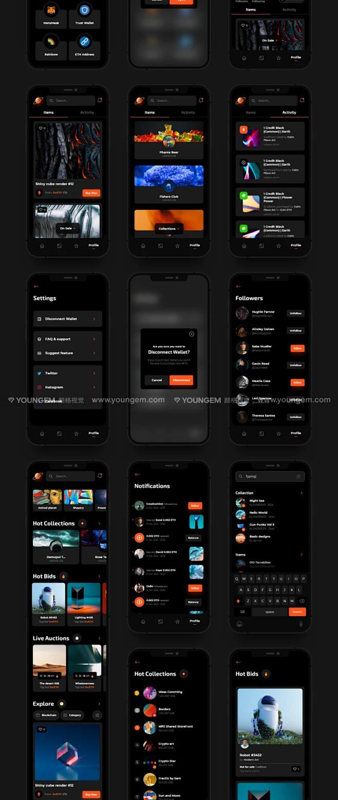 31屏简洁的NFT市场应用iOS手机app用户界面国外设计素材模板-花瓣网