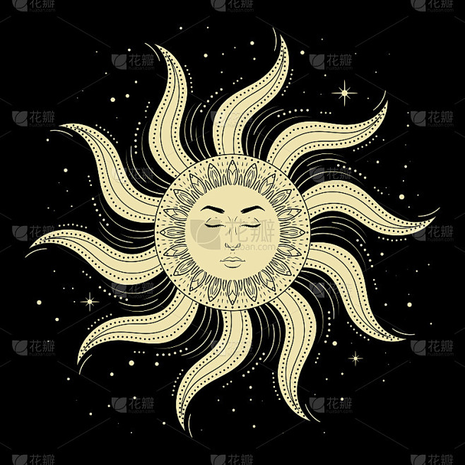 Sun with human face on black background, vintage m素材-花瓣网