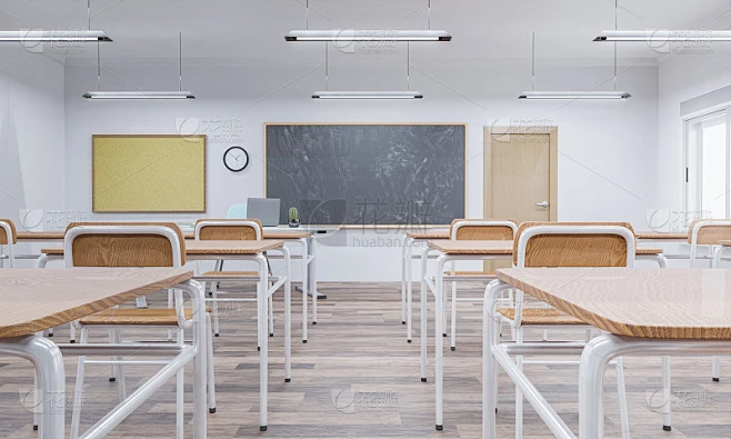 一间有木制课桌的学校教室内部素材-花瓣网