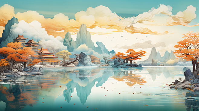 qi_yu__Golden_Chinese_architecture_calm_water_mountain_scenery ...
