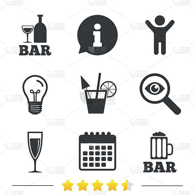 酒吧或酒吧的图标。一杯啤酒和香槟。