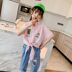 童装2020夏季新款 女童套装儿童套装夏奶茶波点衬衫牛仔七分裤潮-花瓣网|陪你做生活的设计师 | 淘宝店铺 家乐园童装店