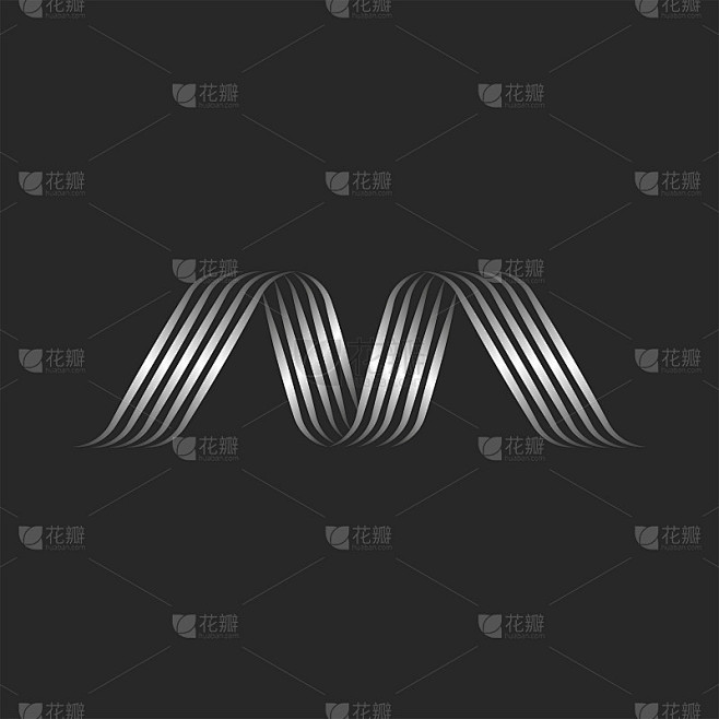 字母M标志最小重叠金属缎带和螺旋细线，平滑波浪形装饰书法会徽