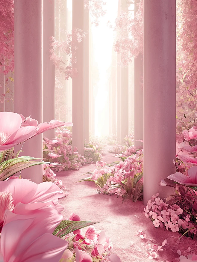 Sunlight illuminates the ground, flowers, sky gardens, light pink and ...