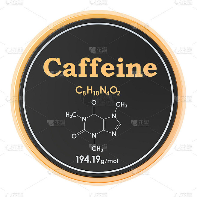 咖啡因。化学式，分子结构。3D渲染孤立的白色背景
