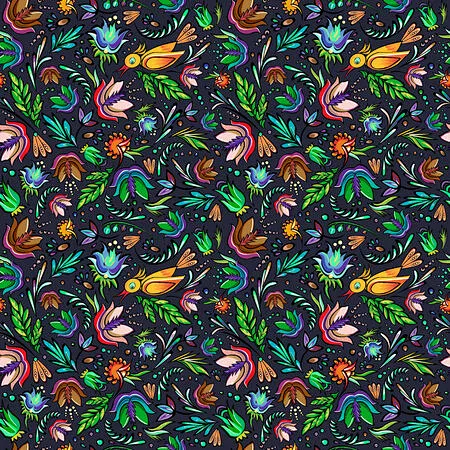 Seamless cartoon hand-drawn pattern with flowers and bird. Endless ...
