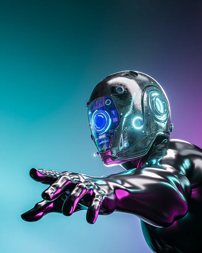 cyber CGI 3D future purple cyan Technology Helmet-花瓣网