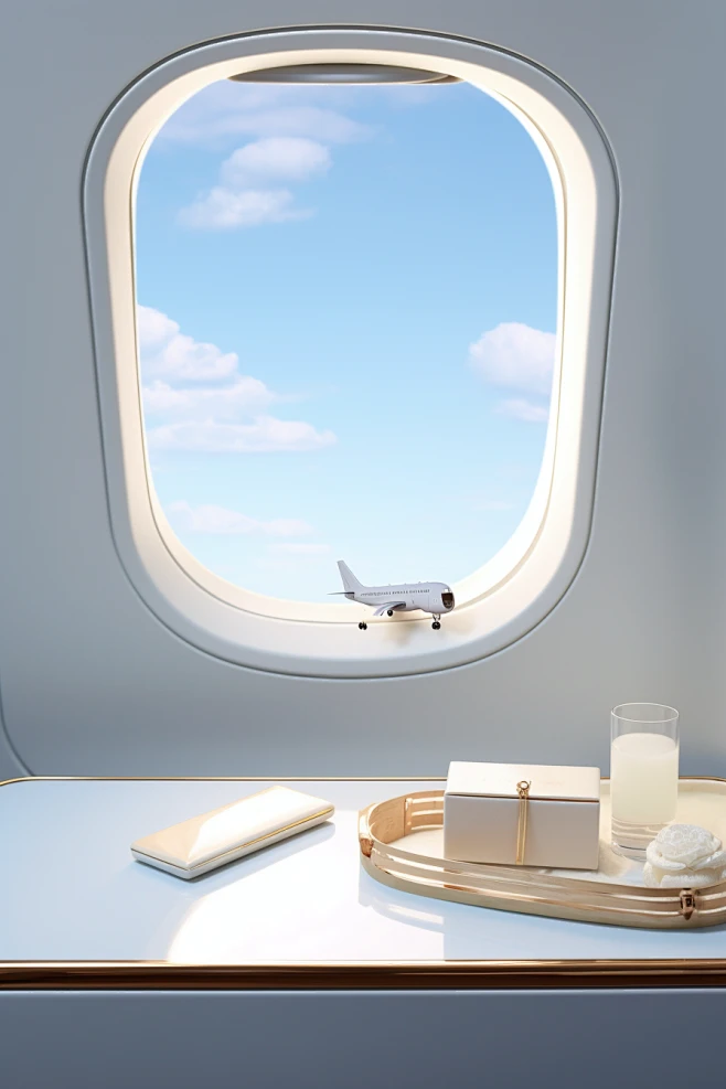 an airplane window with a mirror in front and a jewelry box on the ...