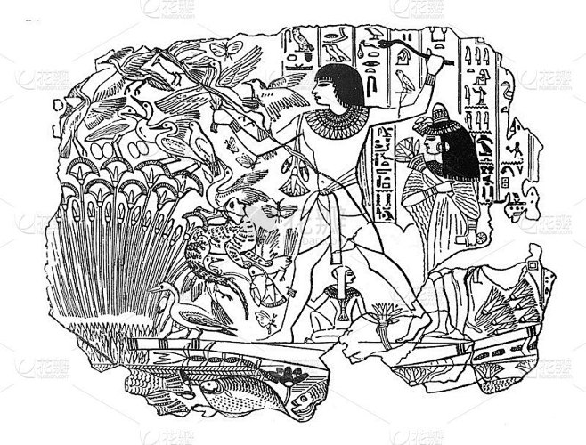 古董插图- 1890 -一个埃及捕鸟场景的运动员使用扔棍棒-鱼在水里