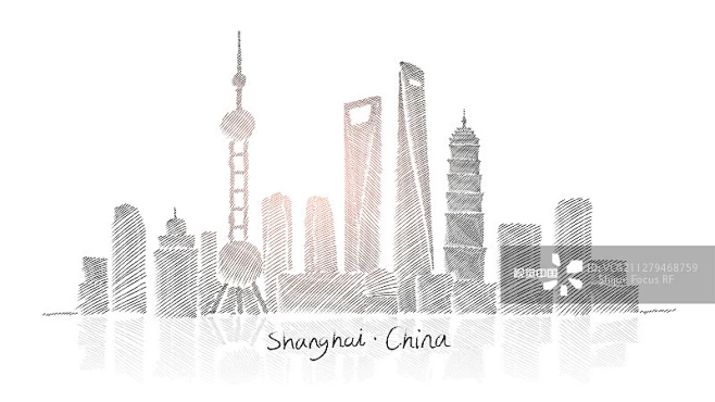 上海陆家嘴建筑群，手绘城市天际线图片素材-花瓣网