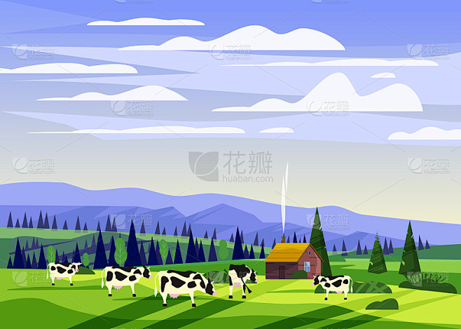 美丽的乡村夏日景观，牛群谷地乡村农舍，青山绿水，青山绿水，色彩鲜艳的蓝天，草甸与山的全景地平线在时尚