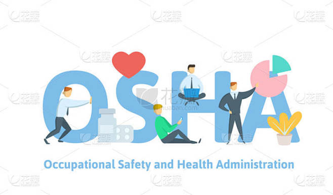 osha, 职业安全与健康管理局。带有人员、字母和图标的概念表。在白色背景的平的向量例证.