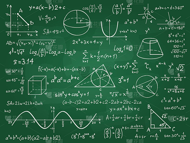 数学理论。数学微积分在班级黑板上。代数几何科学手写公式向量教育概念